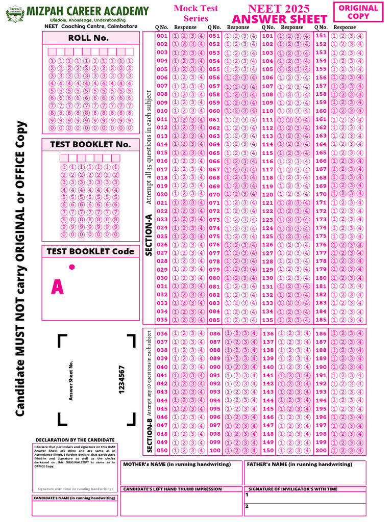 NEET 2025 Mock Test Answer Sheet | PDF