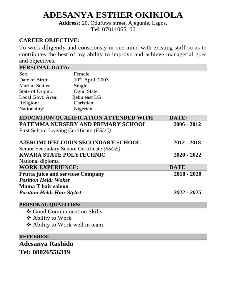 Adesanya Esther Okikiola Resume | PDF