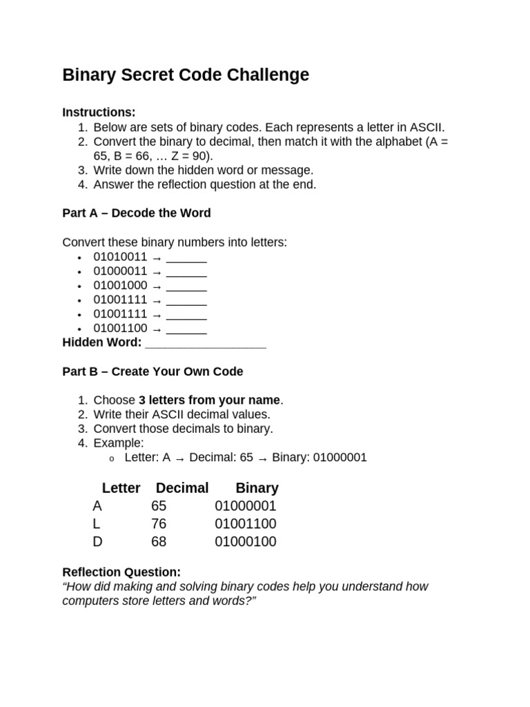 Binary Secret Code Challenge | PDF