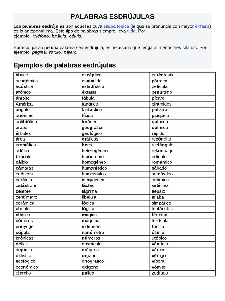 Definición y ejemplos de esdrújulas | PDF | Estrés (lingüística ...