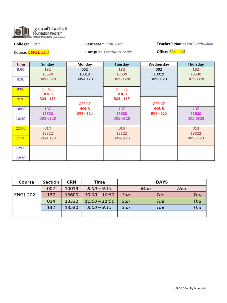 Fall 2025 ENGL 202 Schedule | PDF