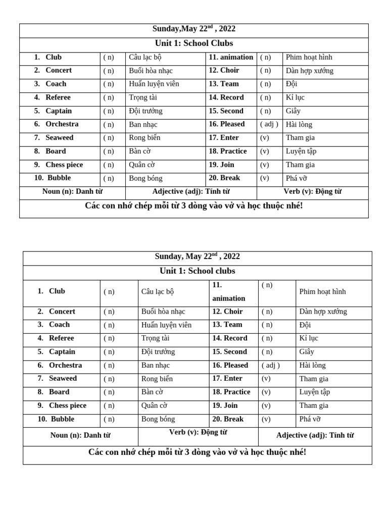 Unit 1: School Clubs: Sunday, May 22, 2022 | PDF