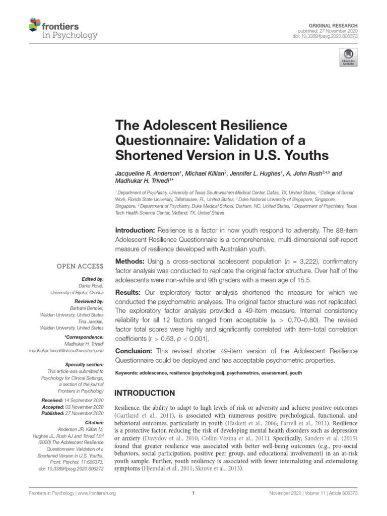 Adolescent Resilience Questionnaire Validation | PDF | Psychometrics ...