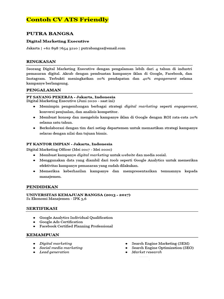 Contoh CV Digital Marketing ATS Friendly | PDF