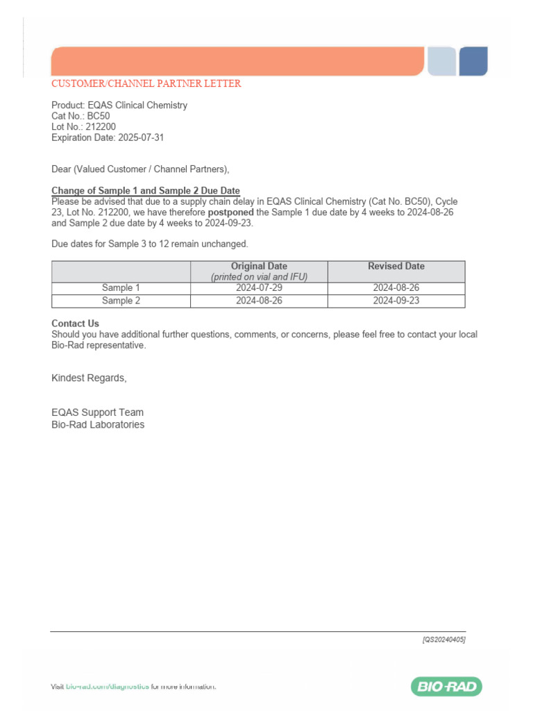 EQAS BC50 Sample 1 & 2 Delay Submission Date | PDF