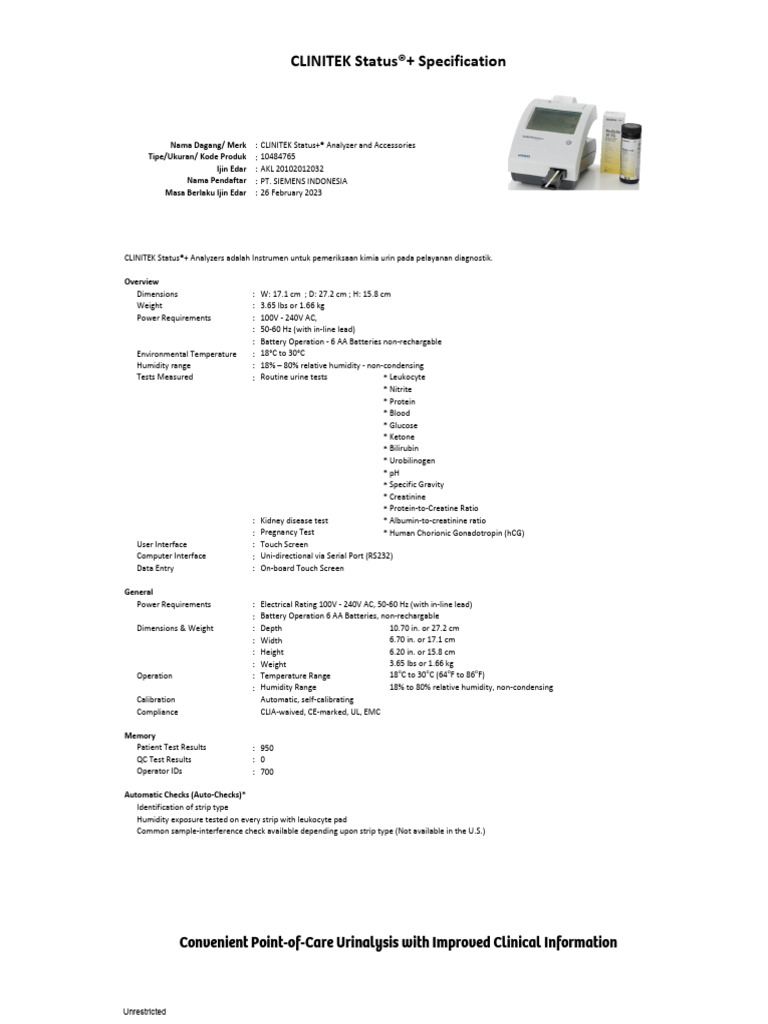 CLINITEK Status+® Urinalysis Analyzer | PDF | Medical Specialties ...