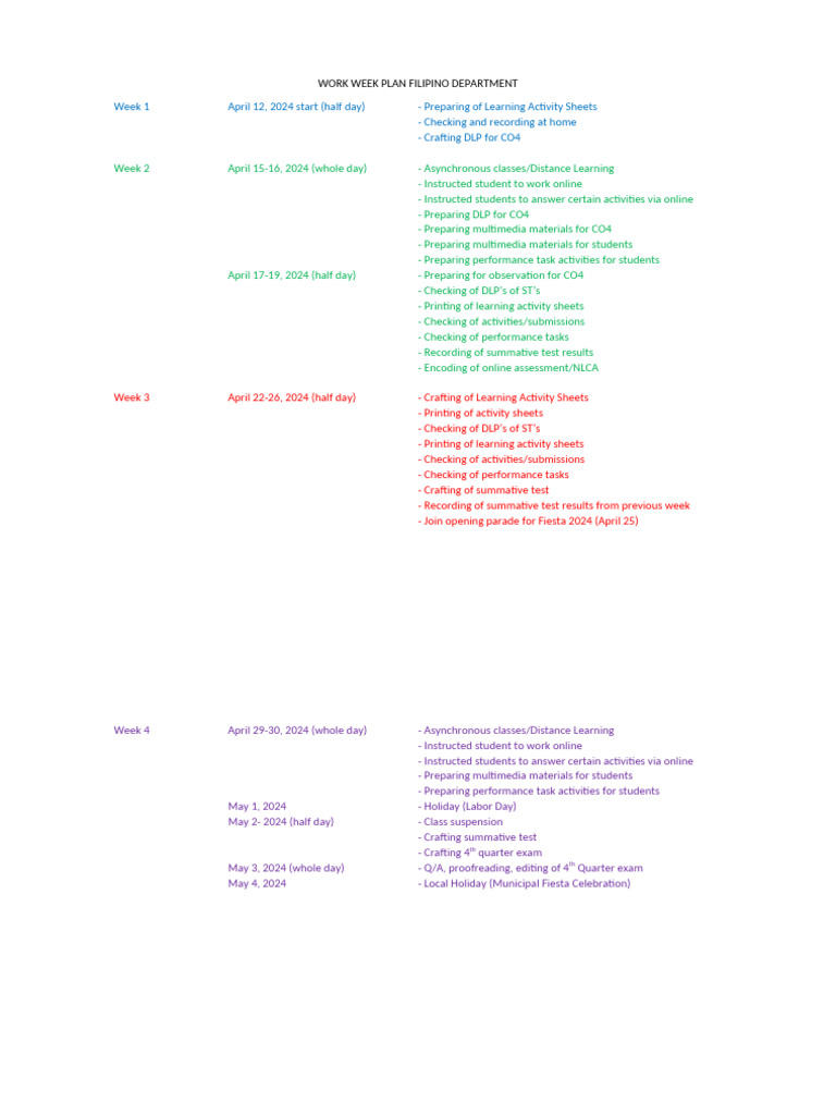 Work Week Plan Filipino Department | PDF | Educational Assessment And Evaluation | Evaluation ...