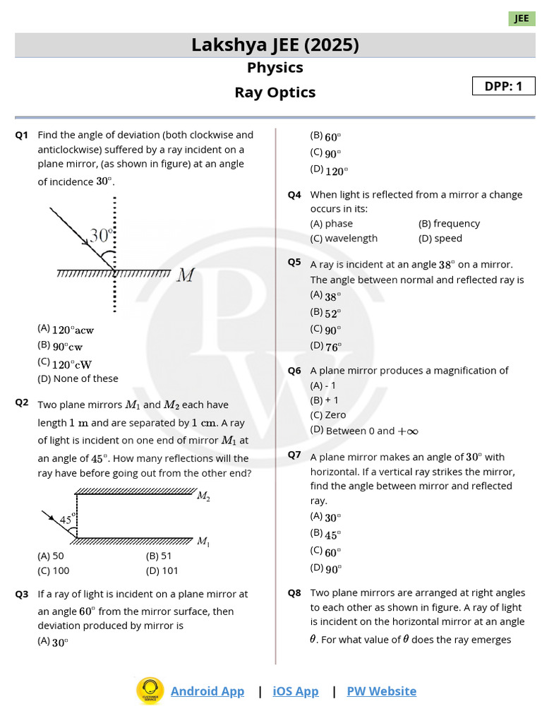 Ray Optics - DPP 01 (Of Lec 04) - Lakshya JEE 2025 | PDF | Mirror | Optics