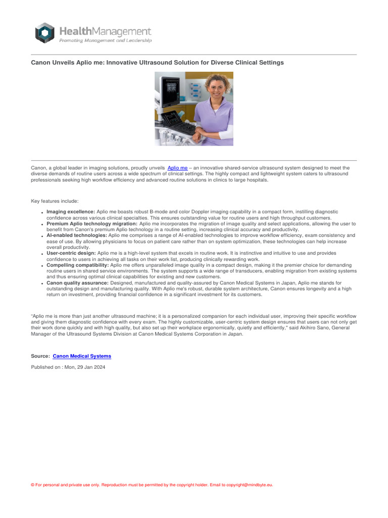 Canon Unveils Aplio Me Innovative Ultrasound Solution For Diverse ...