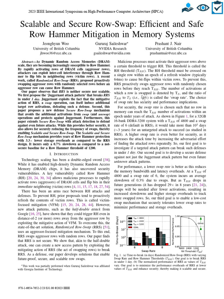 Scalable and Secure Row-Swap: Efficient and Safe Row Hammer Mitigation in Memory Systems | PDF ...