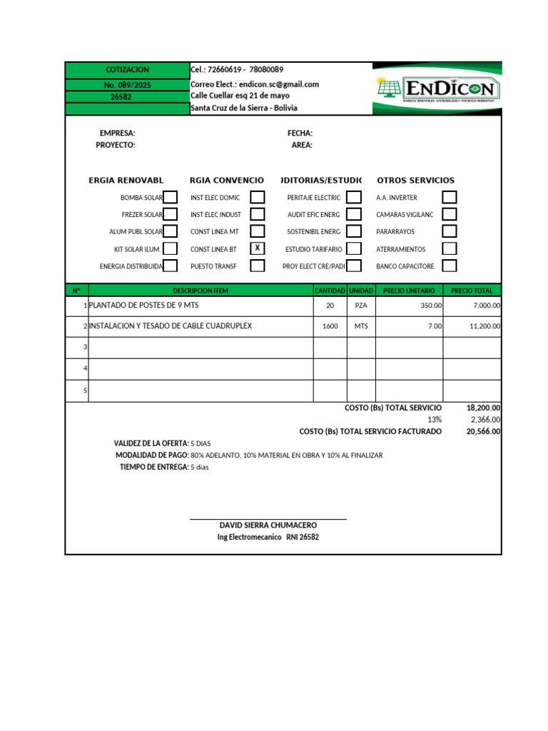 Formulario Cotizacion ENDICON 90 NESTOR | PDF