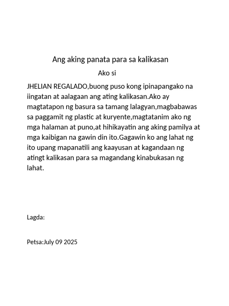 Ang Aking Panata para Sa Kalikasan | PDF