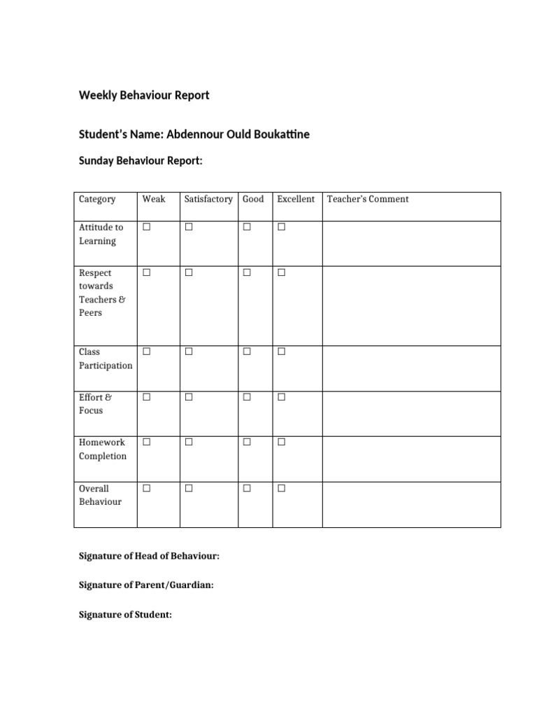 Weekly Behaviour Report | PDF