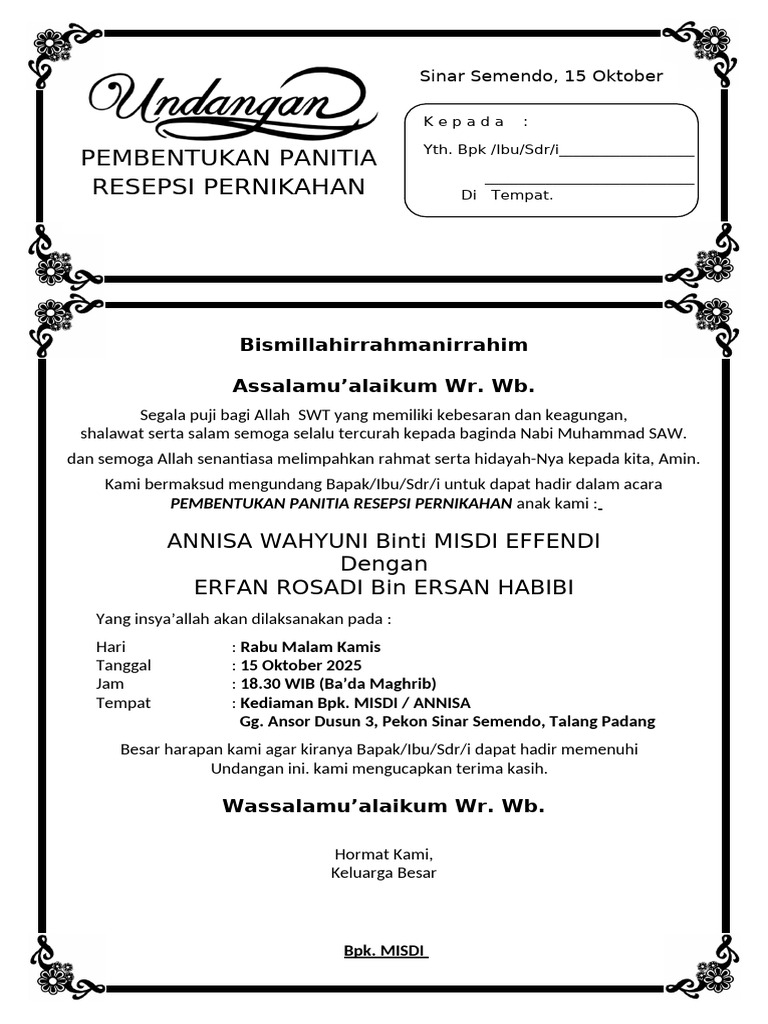 Undangan Pembentukan Panitia Resepsi Pernikahan | PDF