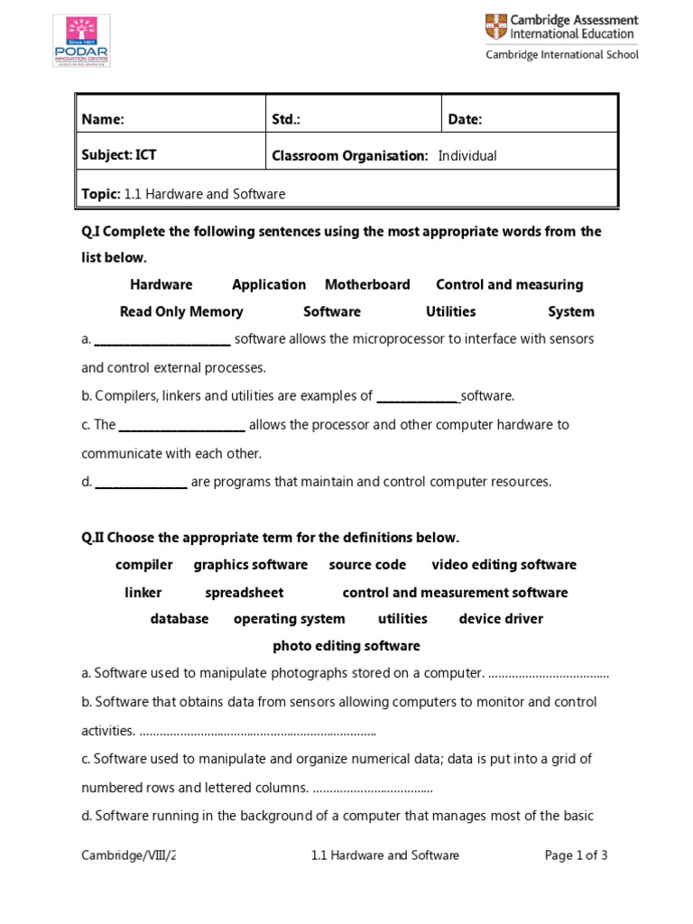 Caie - Computer Science Worksheet - Hardware and Software | PDF ...