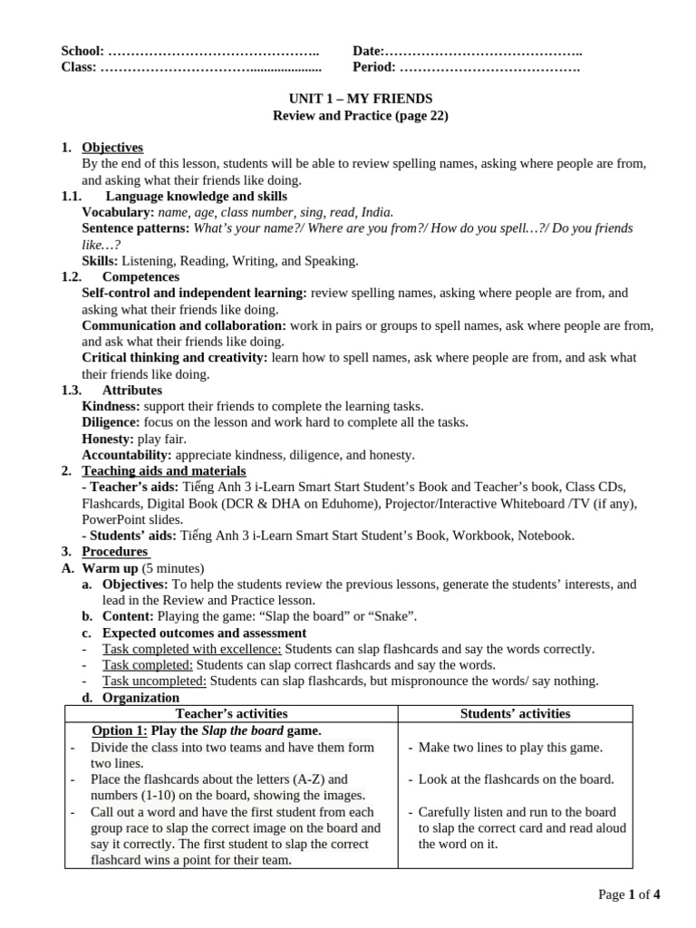 Lesson Plan: My Friends Unit 1 | PDF | Communication | Cognitive Science