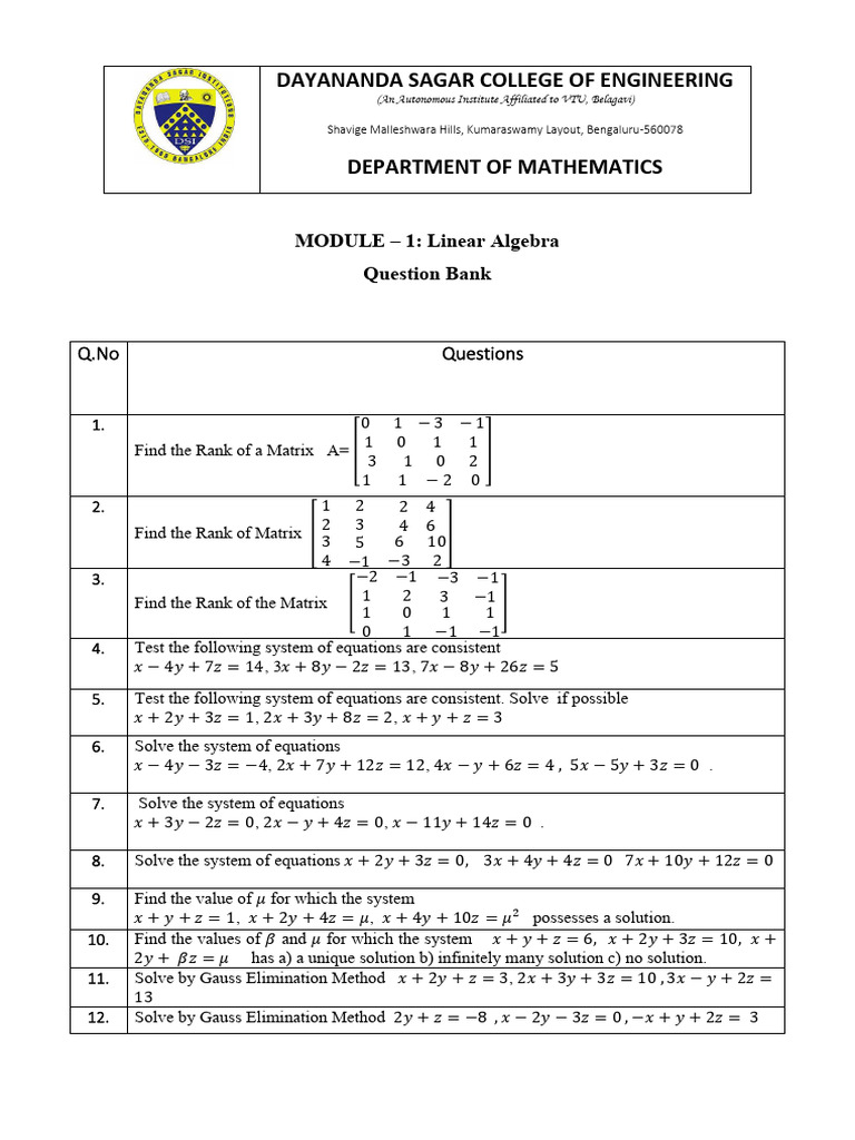 Linear Algebra Question Bank | PDF | Eigenvalues And Eigenvectors ...