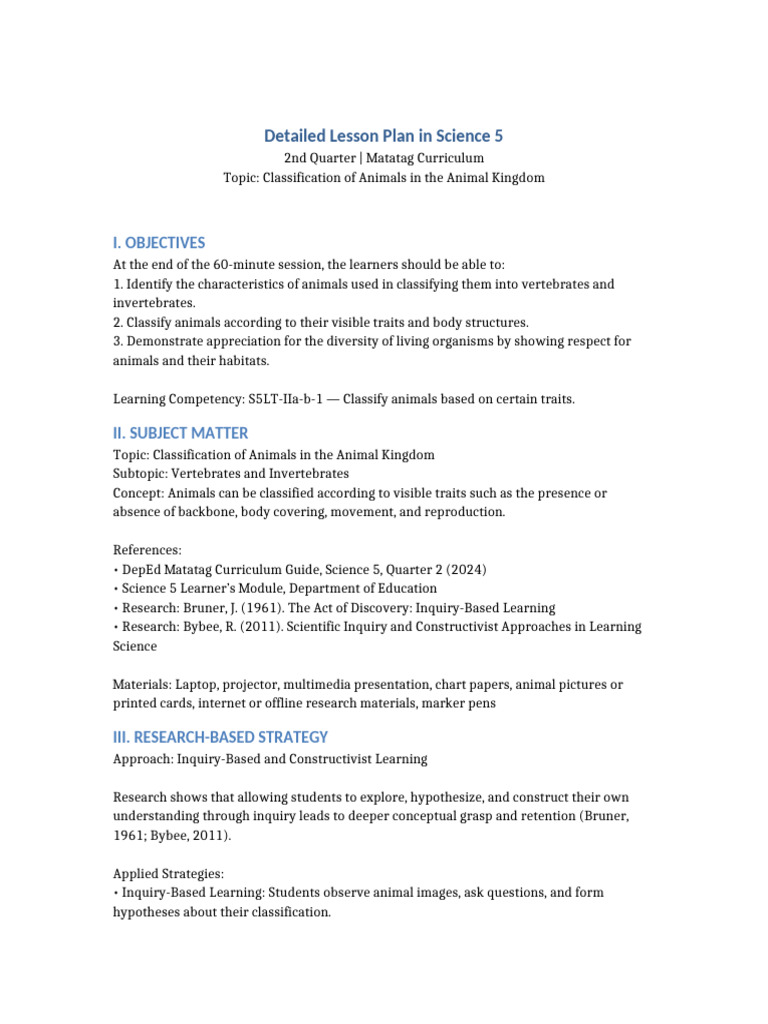 Animal Classification for Grade 5 | PDF | Inquiry Based Learning ...