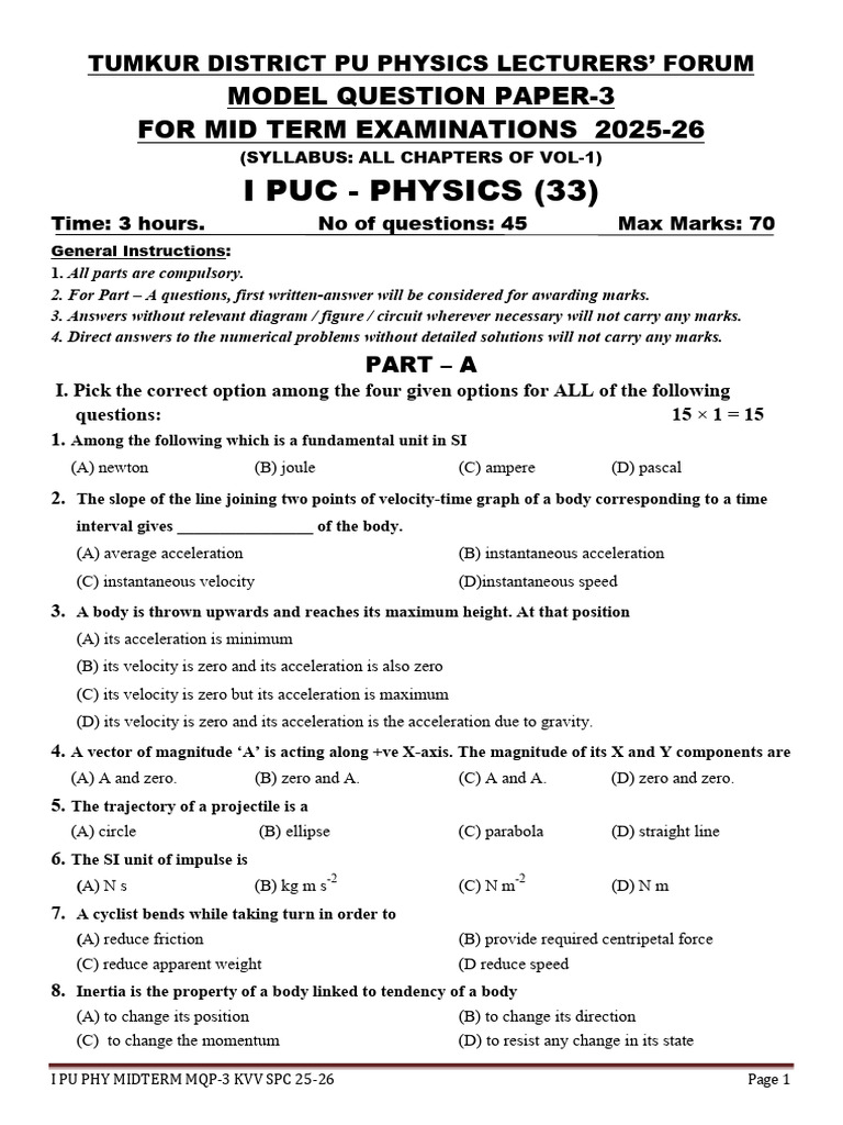 I PUC Physics Midterm Model Paper 2025-26 | PDF | Acceleration | Force