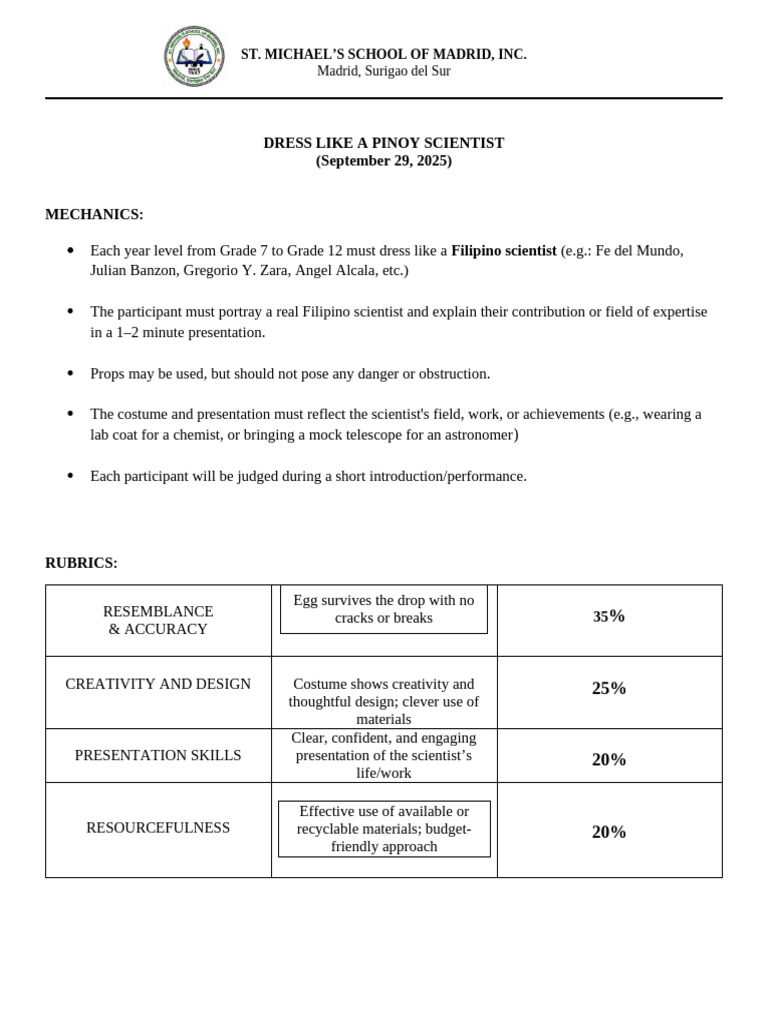 Mechanics and Rubrics For Science Month Activities | PDF
