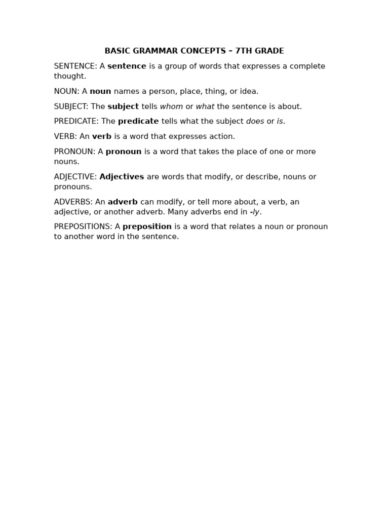 7th Grade Basic Grammar Overview | PDF