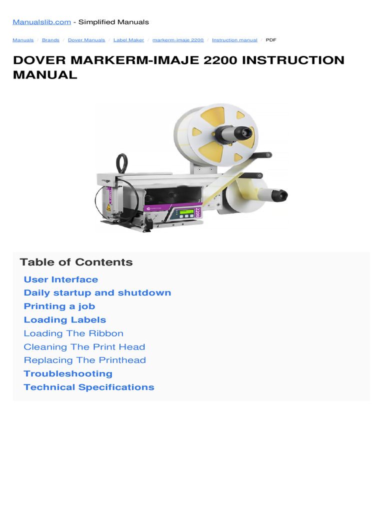 Dover Markerm-Imaje 2200 Instruction Manual: User Interface Daily Startup and Shutdown Printing ...
