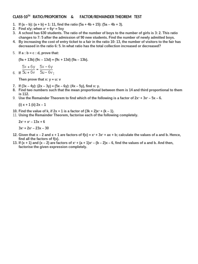 Class 10 Ratio & Remainder Theorem Test | PDF