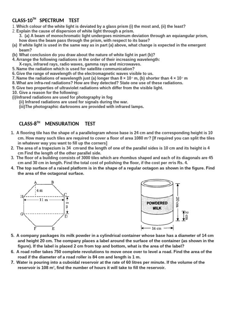 Class-8th Mensuration Test | PDF | Electromagnetic Radiation | Light