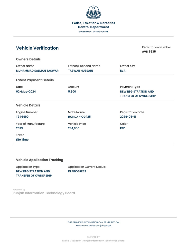 Vehicle Verification: Owners Details | PDF