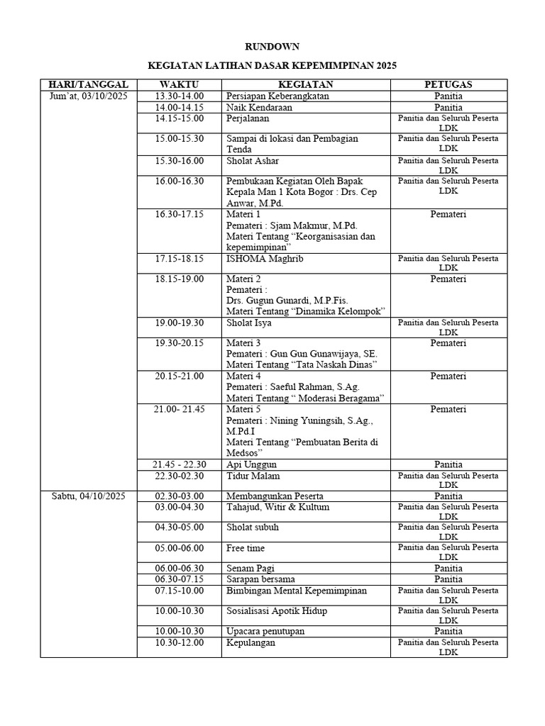 Rundown LDK Kepemimpinan 2025 | PDF