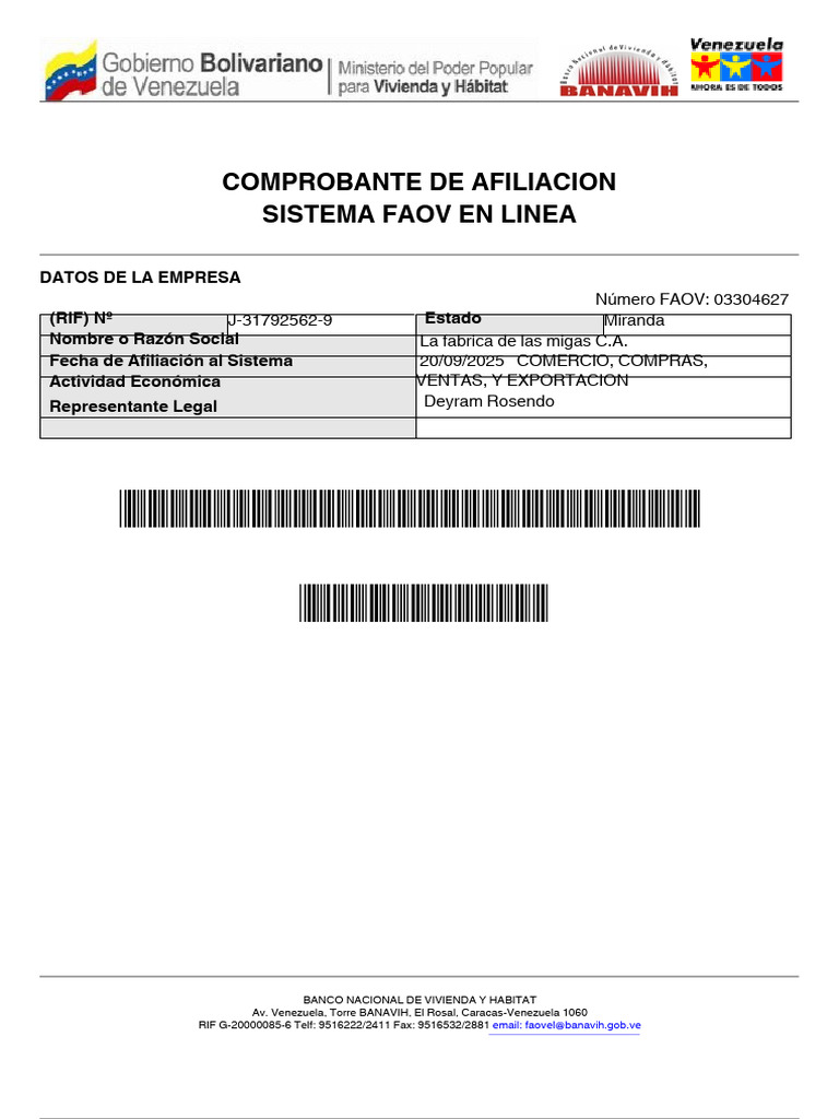Comprobante de Afiliación FAOV 2025 | PDF