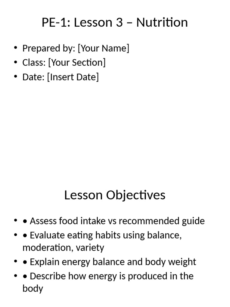PE1 Lesson3 Nutrition | PDF | Nutrition | Diet & Nutrition