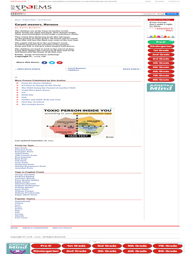 Carpet-Weavers, Morocco Poem - Carol Rumens | PDF | Poetry | English Poetry