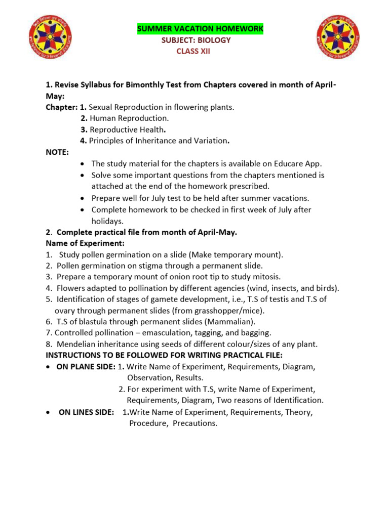 Biology Summer Homework Guide XII | PDF | Dominance (Genetics) | Birth ...