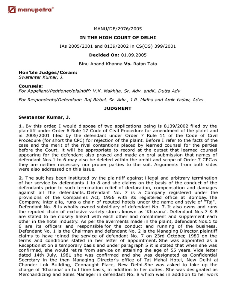 Binu Anand Khanna Vs Ratan Tata, 2005 (Para No. 5) | PDF | Lawsuit | Prejudice (Legal Term)