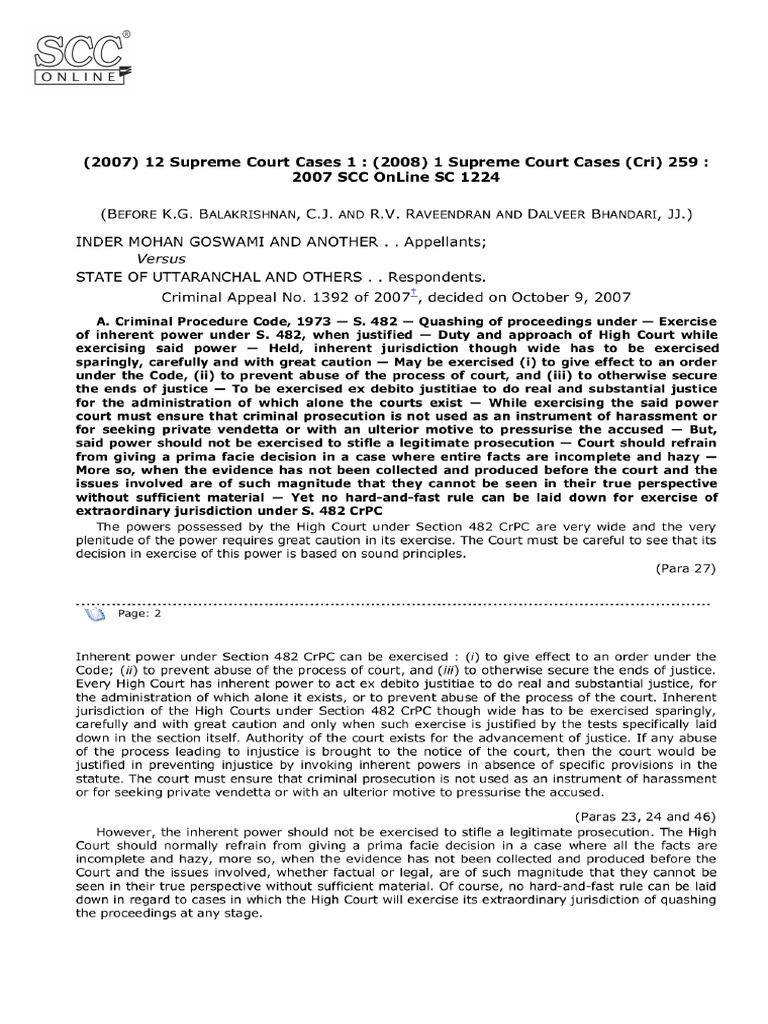 Inder Mohan Goswami v. State of Uttaranchal, (2007) 12 SCC 1 | PDF | Bail | Judgment (Law)