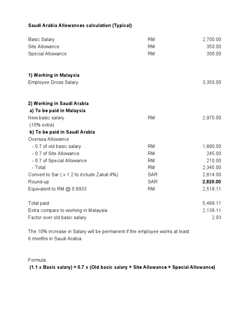 Saudi Arabia Allowances Calculation (Typical) | PDF | Labor | Employment