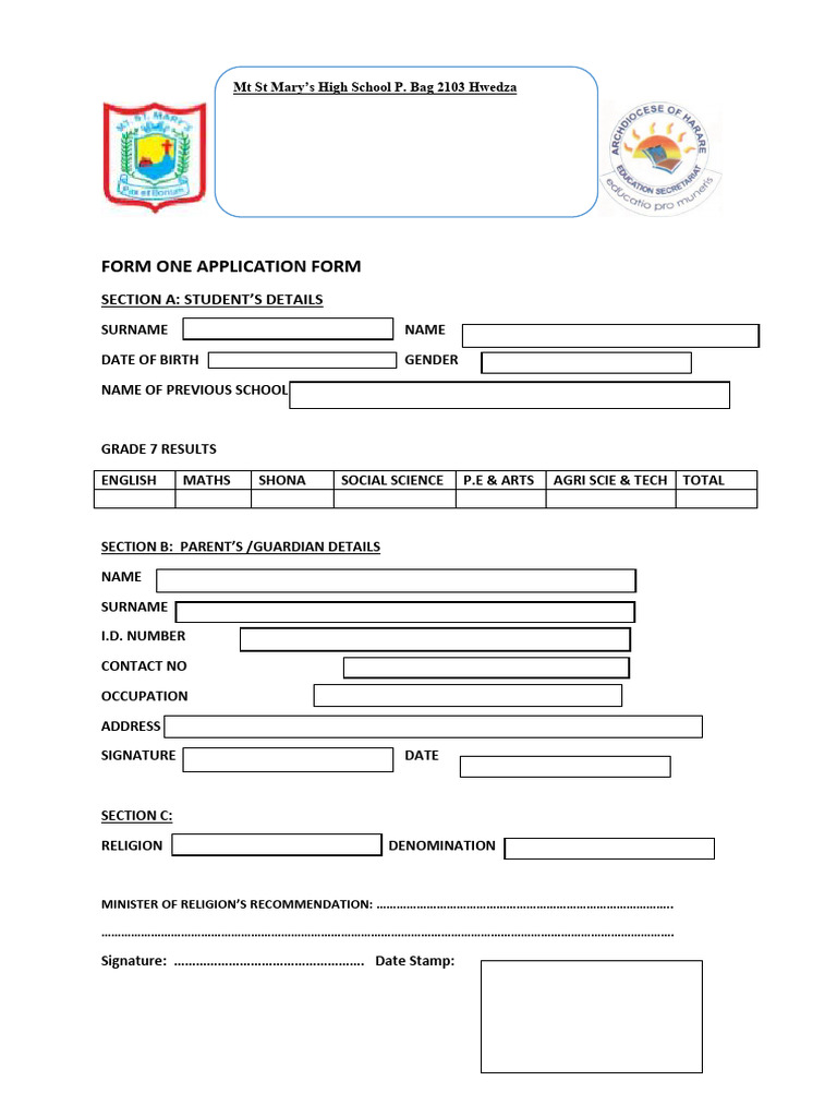 MT ST Mary's High School Application Form Form One 2026 035502 | PDF