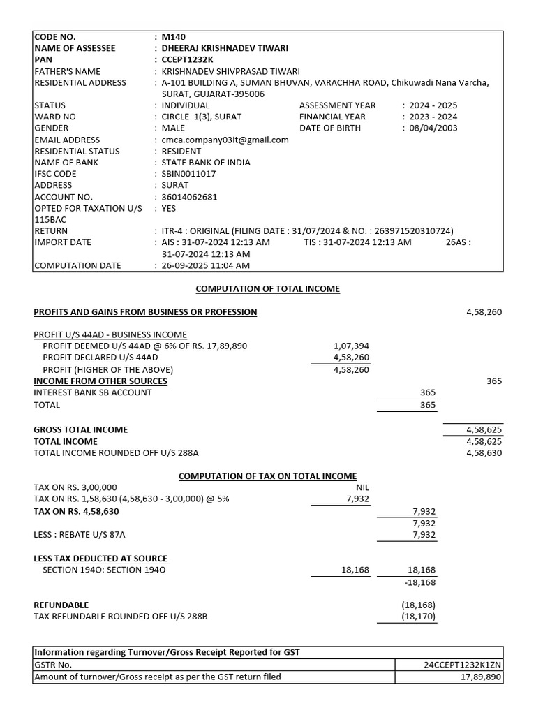ITR-4 Filing Summary for Dheeraj Tiwari | PDF | Public Finance | Taxation