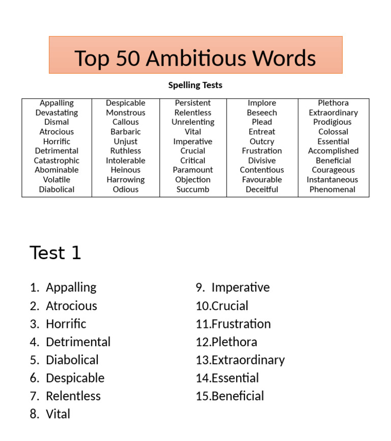 Top 50 Ambitious Vocabulary Words | PDF