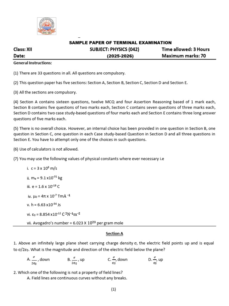 Sample Paper Xii Phy Term Paper | PDF | Capacitor | Electricity