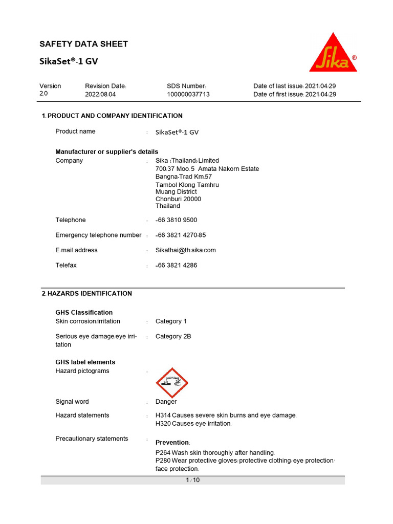 2.sika Set-1 GV Sodium Silicate 1,200 Kg.-Ibc | PDF | Occupational Safety And Health | Safety