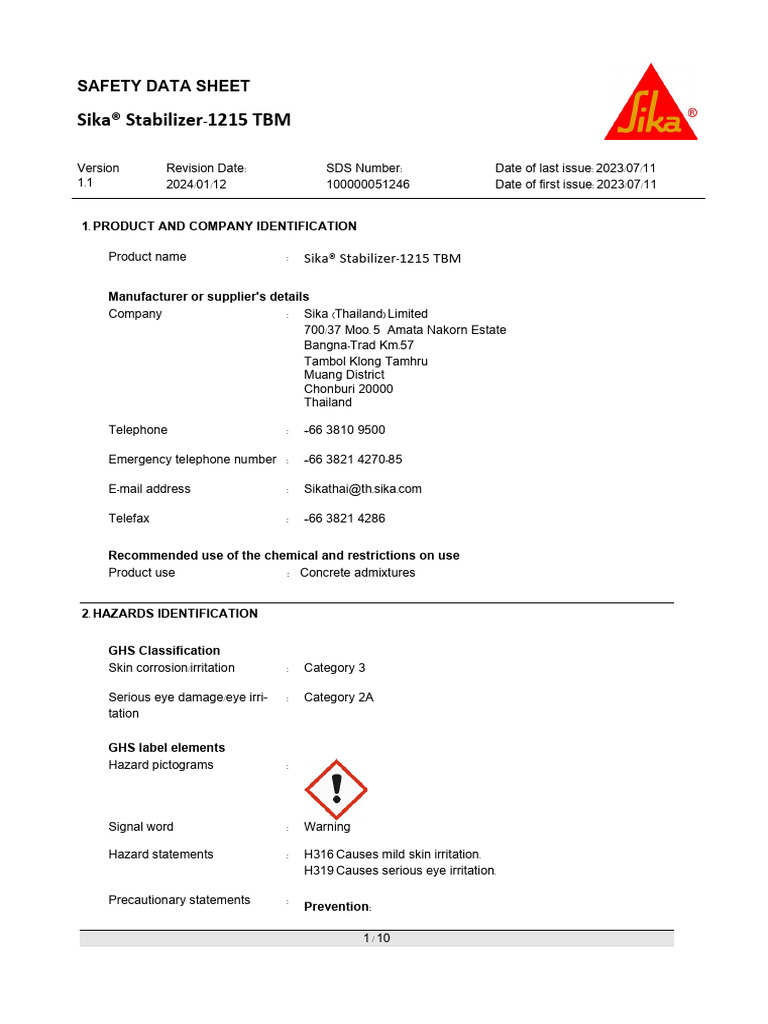 4.sika Stabilizer-1215 TBM (MasterRoc SLF 325) | PDF | Toxicity ...