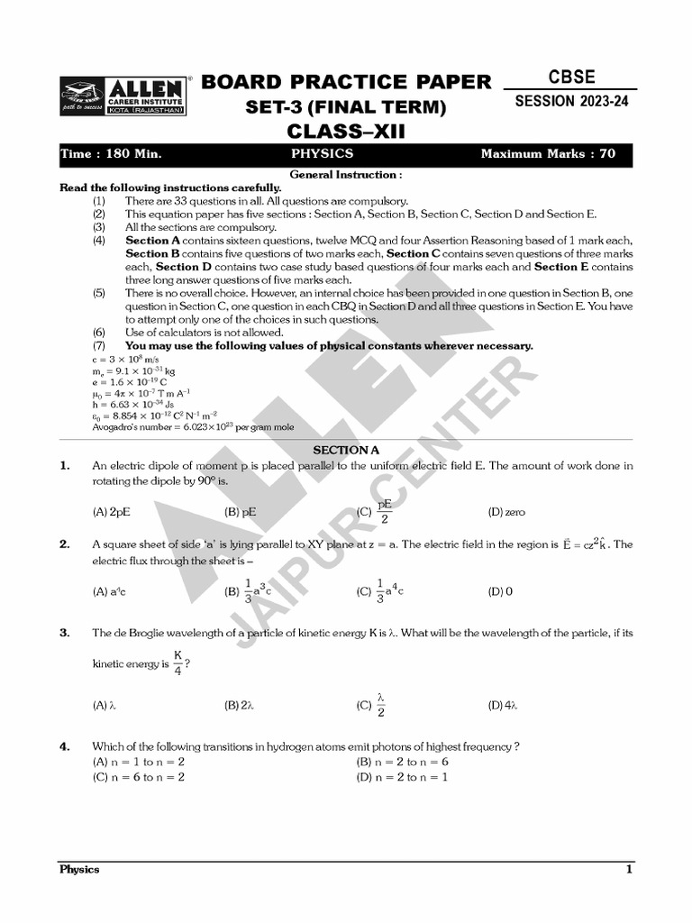 Physics Class XII Paper 3 (SC) | PDF
