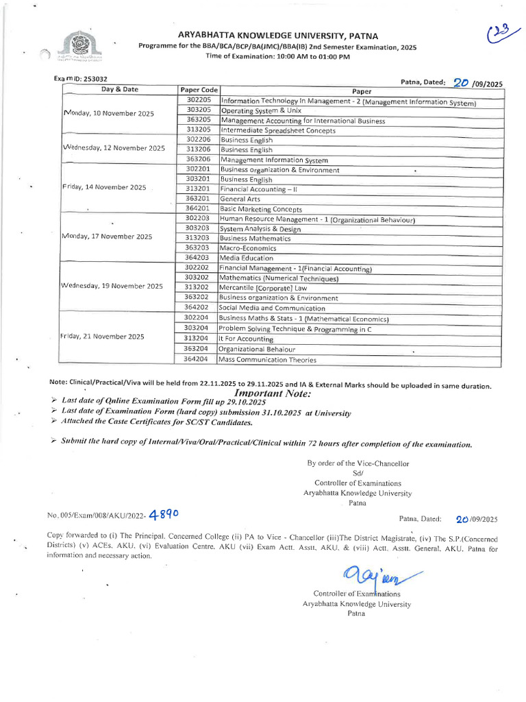 Programme For The BBA - BCA - BCP - BA (JMC) - BBA (IB) 2nd Semester Examination, 2025 LT - No ...