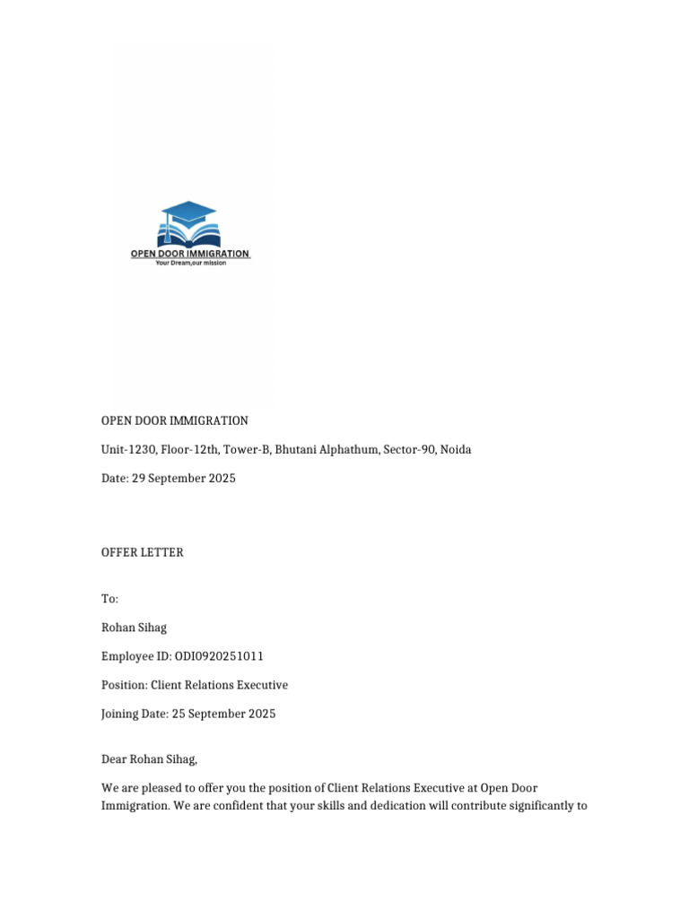 Offer Letter Rohan Sihag | PDF