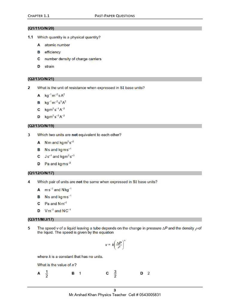Mcqs Physical Quantities and Units | PDF