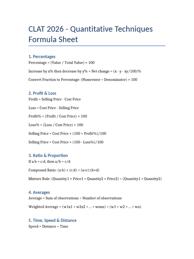 CLAT Quant Formulas All in One | PDF