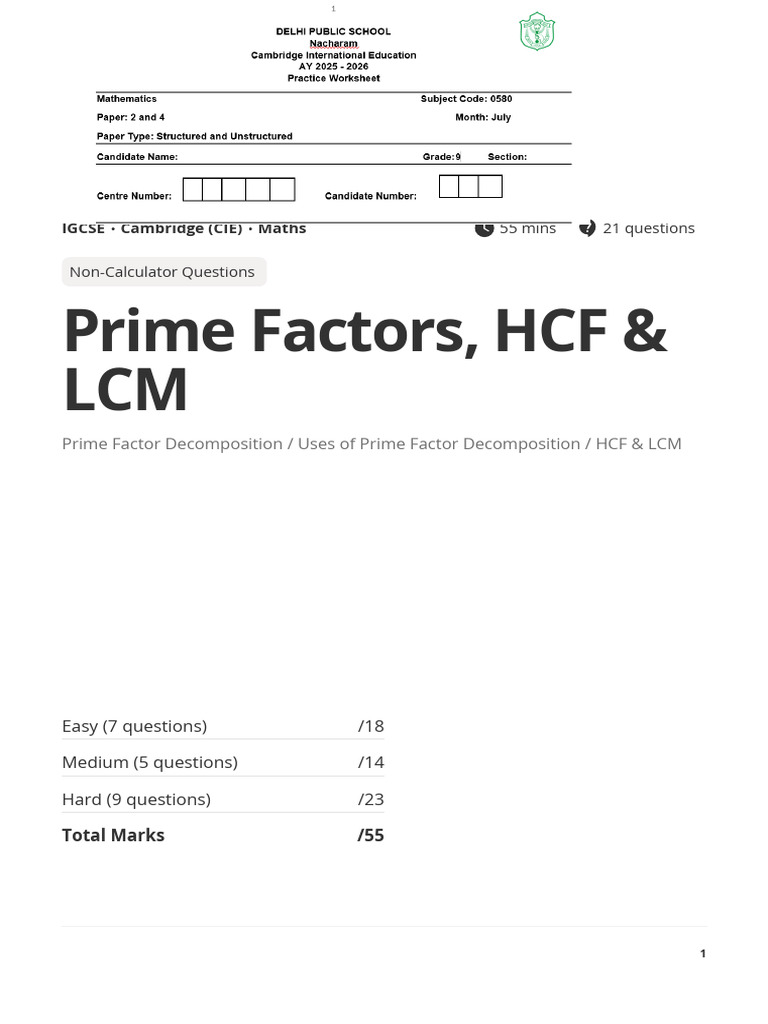 Prime Factors HCF and LCM WS | PDF | Elementary Mathematics | Mathematics
