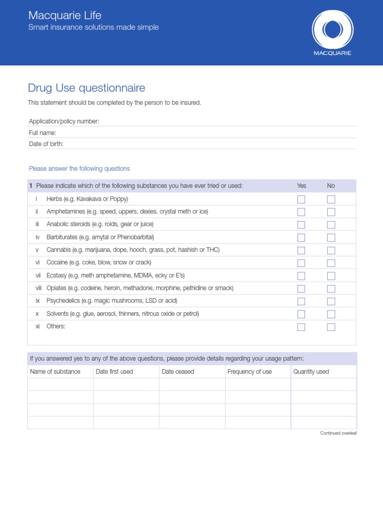 Macquarie Life Drug Use Questionnaire | PDF